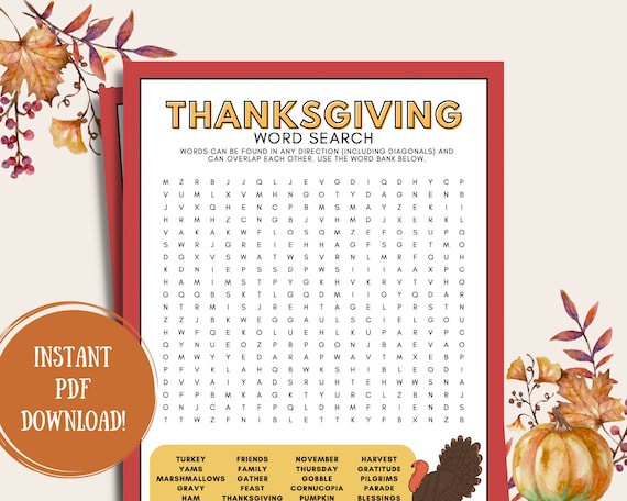 Thanksgiving Word Search Themed Party Games Printable Word - Etsy