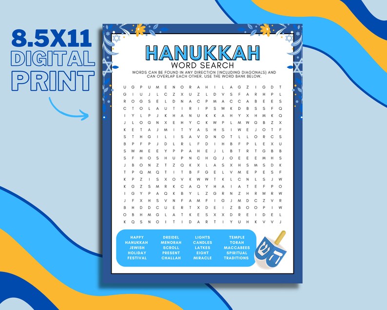 Hanukkah Word Search, Themed Party Games, Printable Word Search Game ...