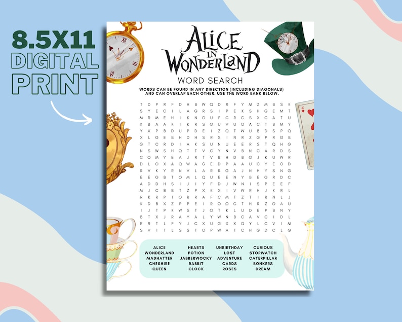 Alice in Wonderland Word Search, Themed Party Games, Printable Word ...