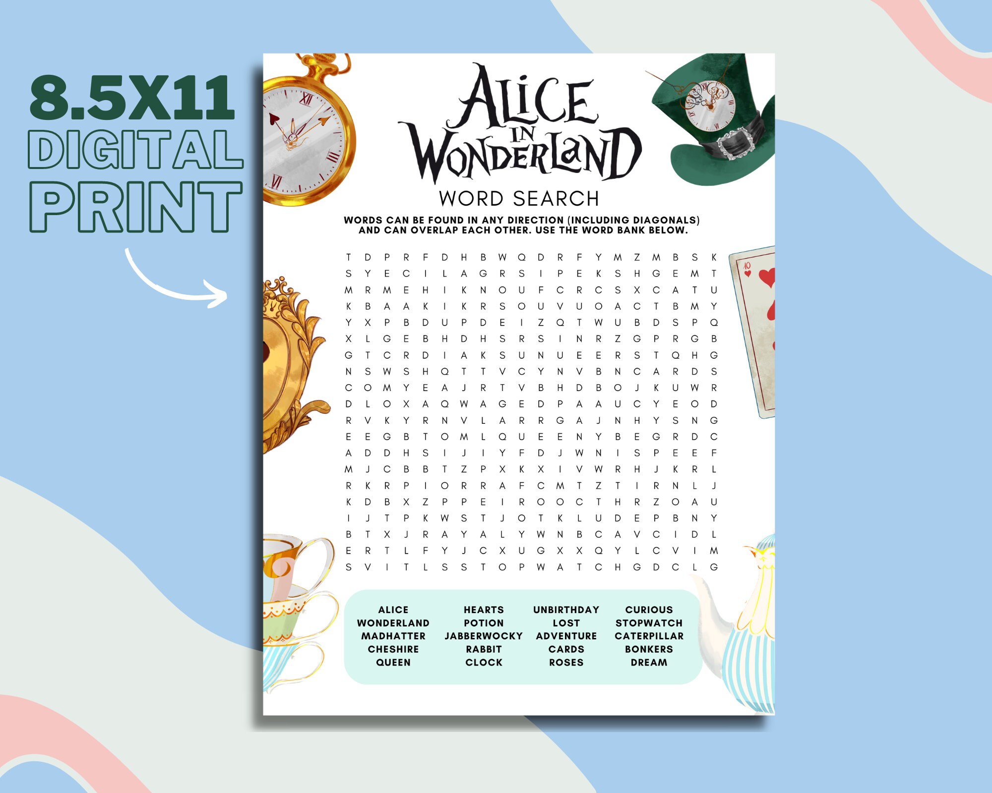 Alice in Wonderland Word Search, Themed Party Games, Printable Word ...