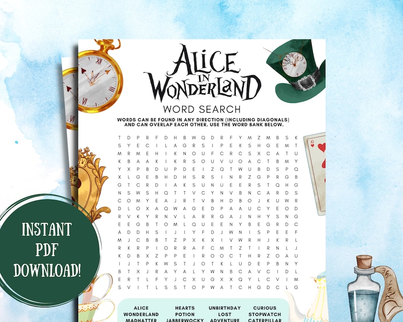 Alice in Wonderland Word Search, Themed Party Games, Printable Word ...