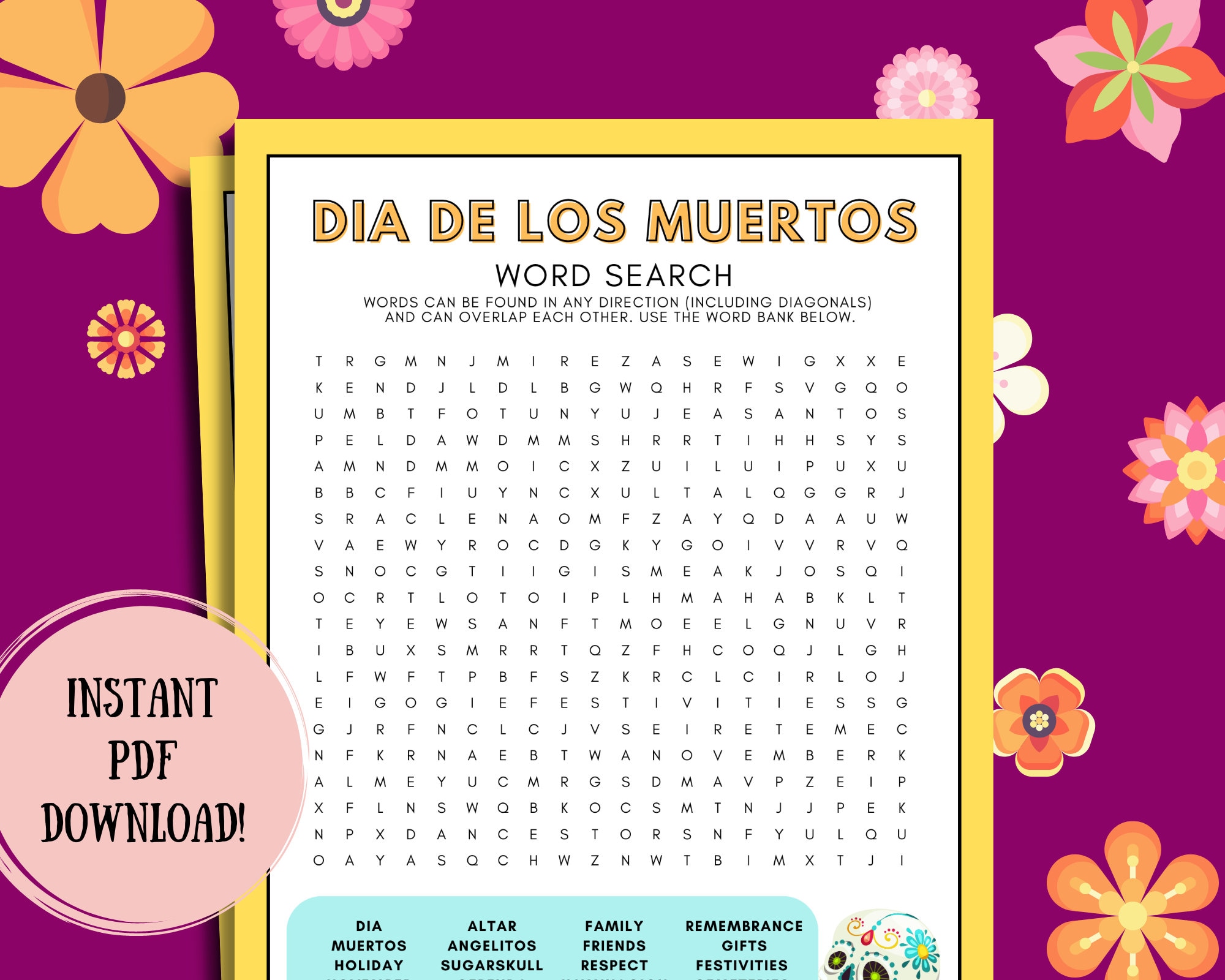 Dia De Los Muertos Word Search, Themed Party Games, Printable Word ...