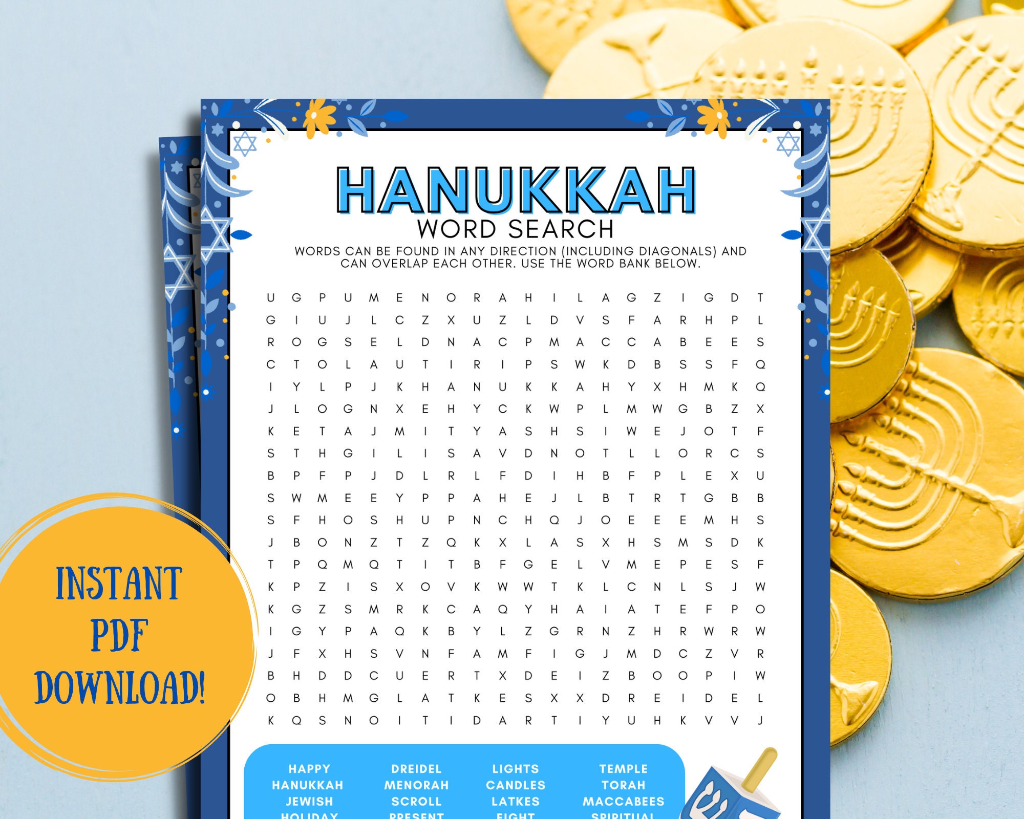 Hanukkah Word Search, Themed Party Games, Printable Word Search Game ...