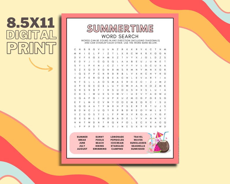 Summer Word Search, Themed Party Games, Printable Word Search Game for ...