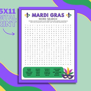 Mardi Gras Word Search, Themed Party Games, Printable Word Search Game ...