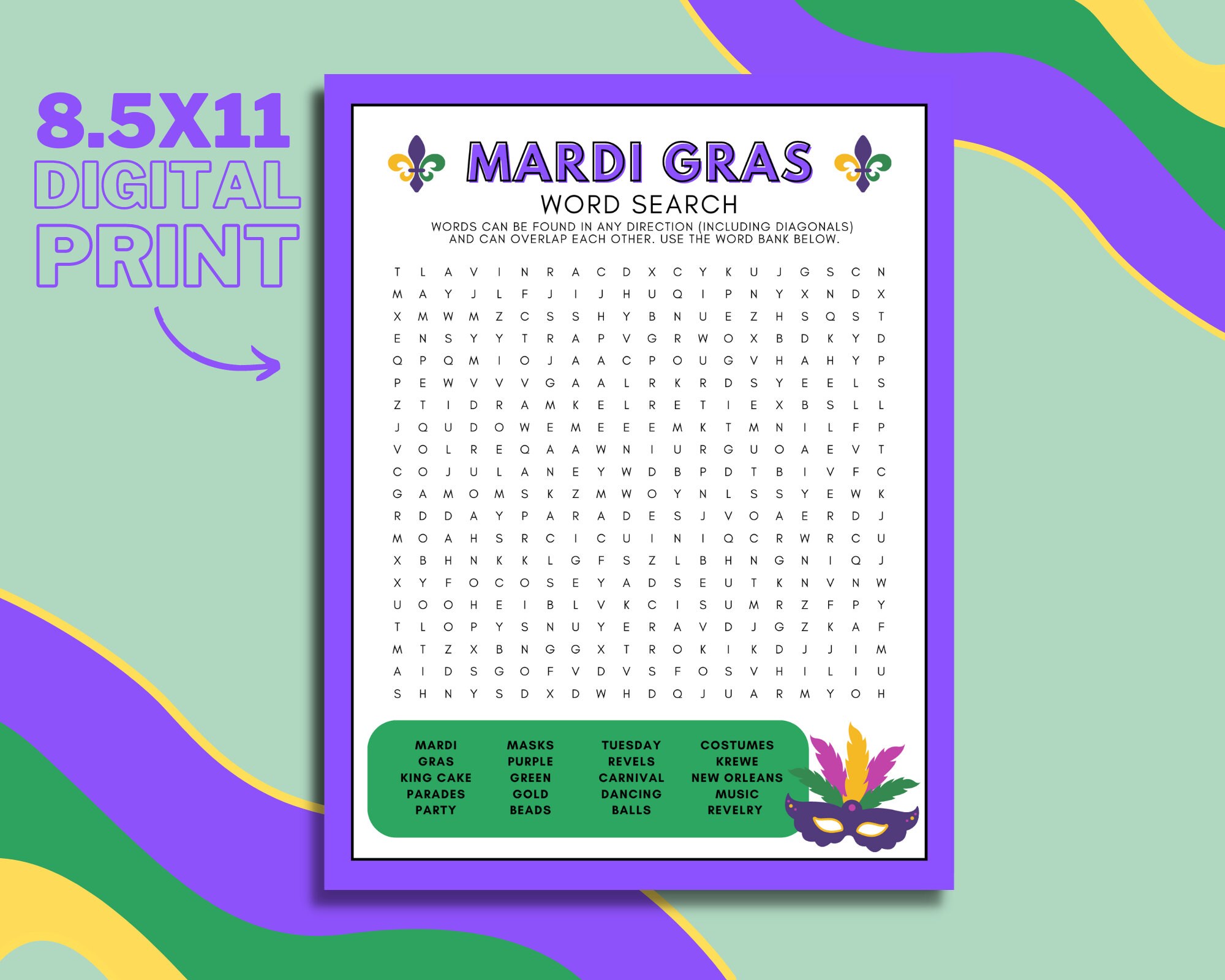 Mardi Gras Word Search, Themed Party Games, Printable Word Search Game ...