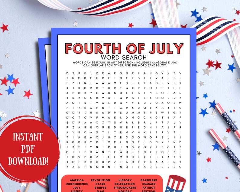 Fourth of July Word Search, Themed Party Games, Printable Word Search ...
