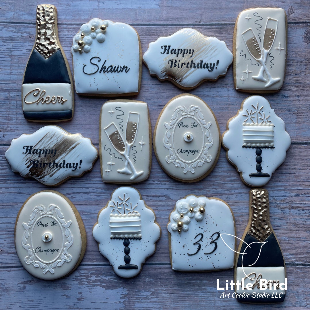 Champagne Birthday Decorated Cookies, Party Favors, Birthday Gift ...