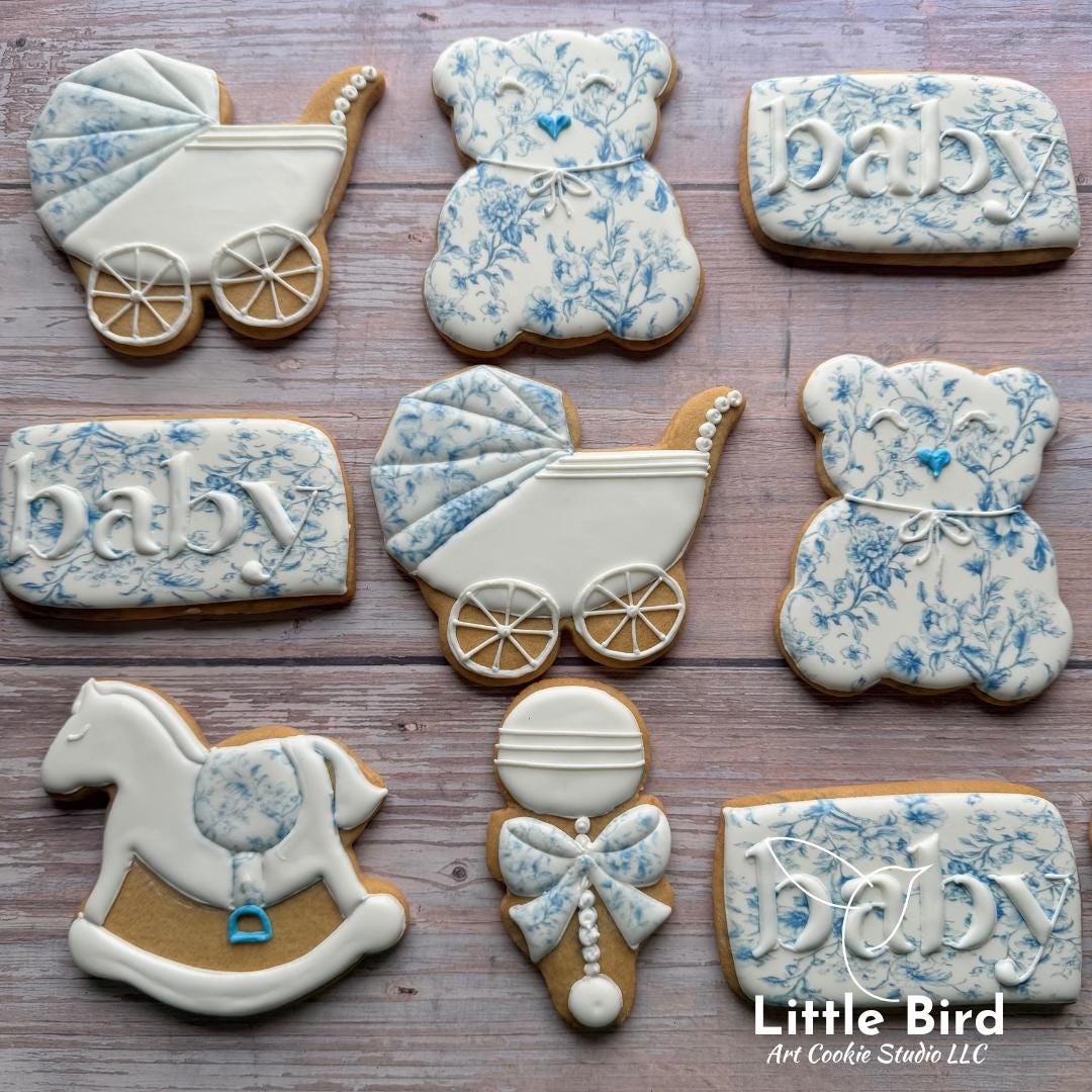 Toile De Jouy Baby Shower Decorated Cookies,french Toile Themed Baby ...