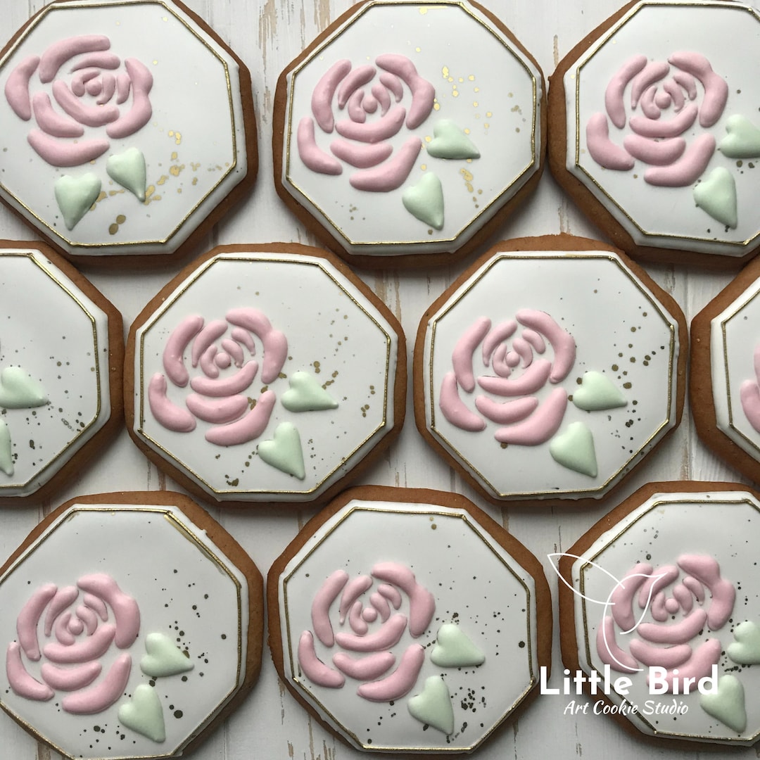 Rose Flower Cookies, Pink Roses Wedding Decorated Cookies, Bridal ...