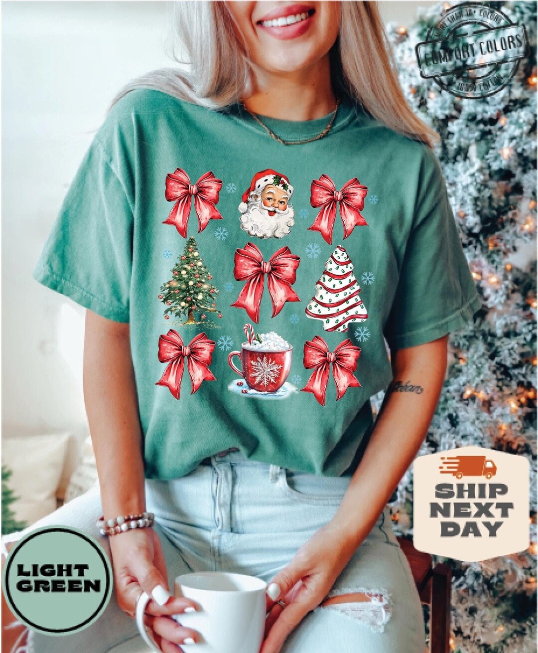 Christmas Santa Clause Comfort Colors®, Xmas Coquette Bow Shirt, Retro ...