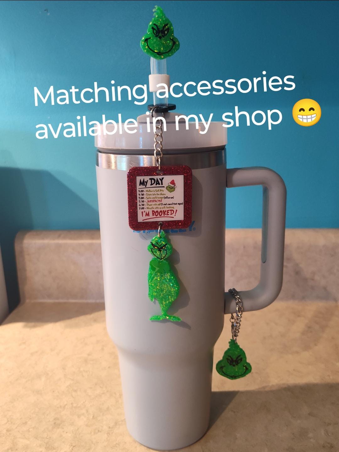 Grinch Super Cute Glittery Resin Straw Charm Cup Tumbler Charm Stanley ...