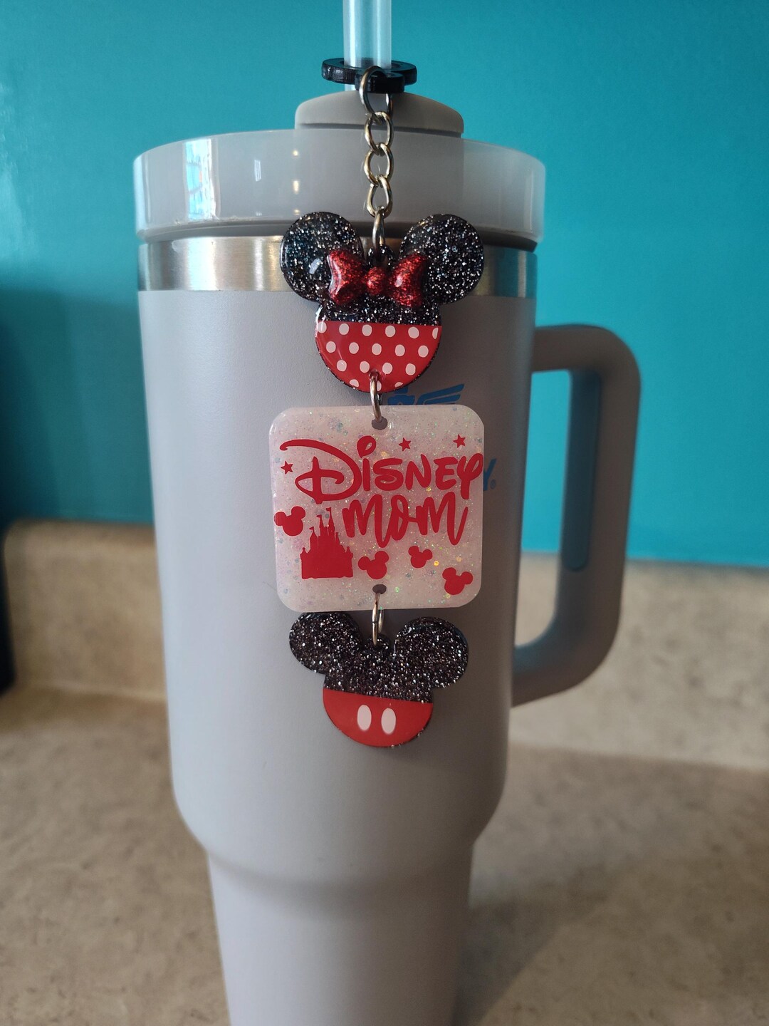 Disney Mom Mickey and Minnie Glittery Resin Straw Cup Tumbler Charm ...
