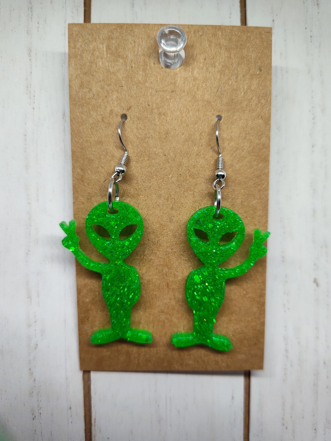 Cute Alien Giving Peace Sign Glittery Resin Dangling Earrings - Etsy