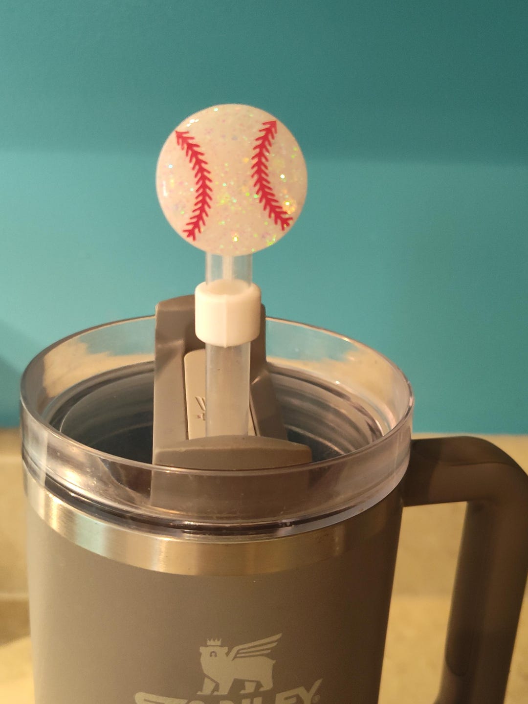 Glittery Resin Baseball Straw Topper Straw Cap Cover Tumbler Stanley ...