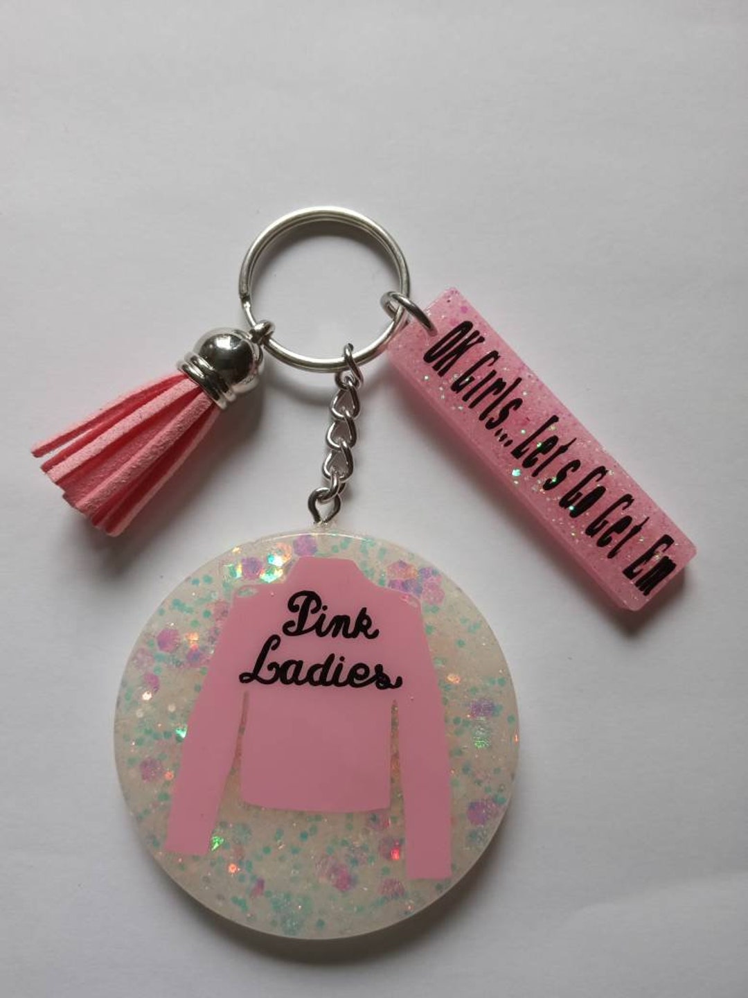 Grease Movie Glittery Resin Keychain T Birds Pink Ladies Ok Girls Let's ...