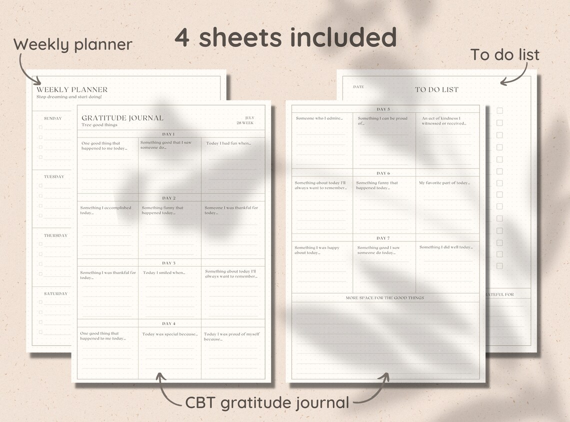 CBT Gratitude Journal, CBT Worksheet, Daily Gratitude, Weekly Planner ...