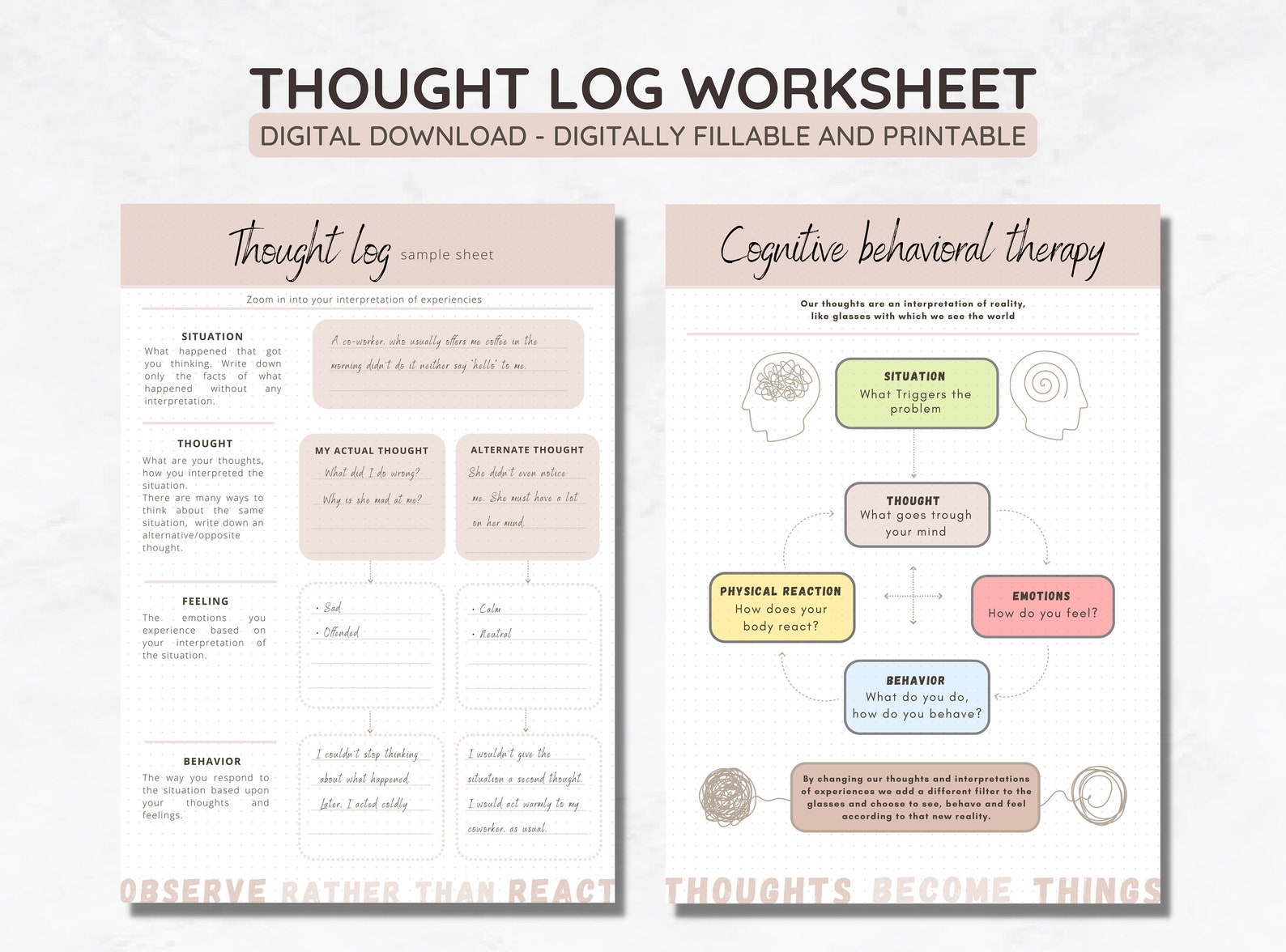 CBT Worksheet, CBT Thought Record, School Counselor, School ...