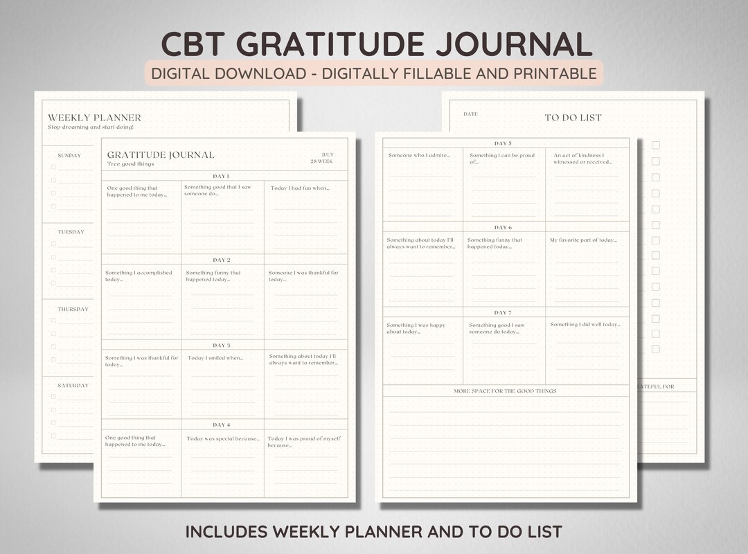 CBT Gratitude Journal, CBT Worksheet, Daily Gratitude, Weekly Planner ...