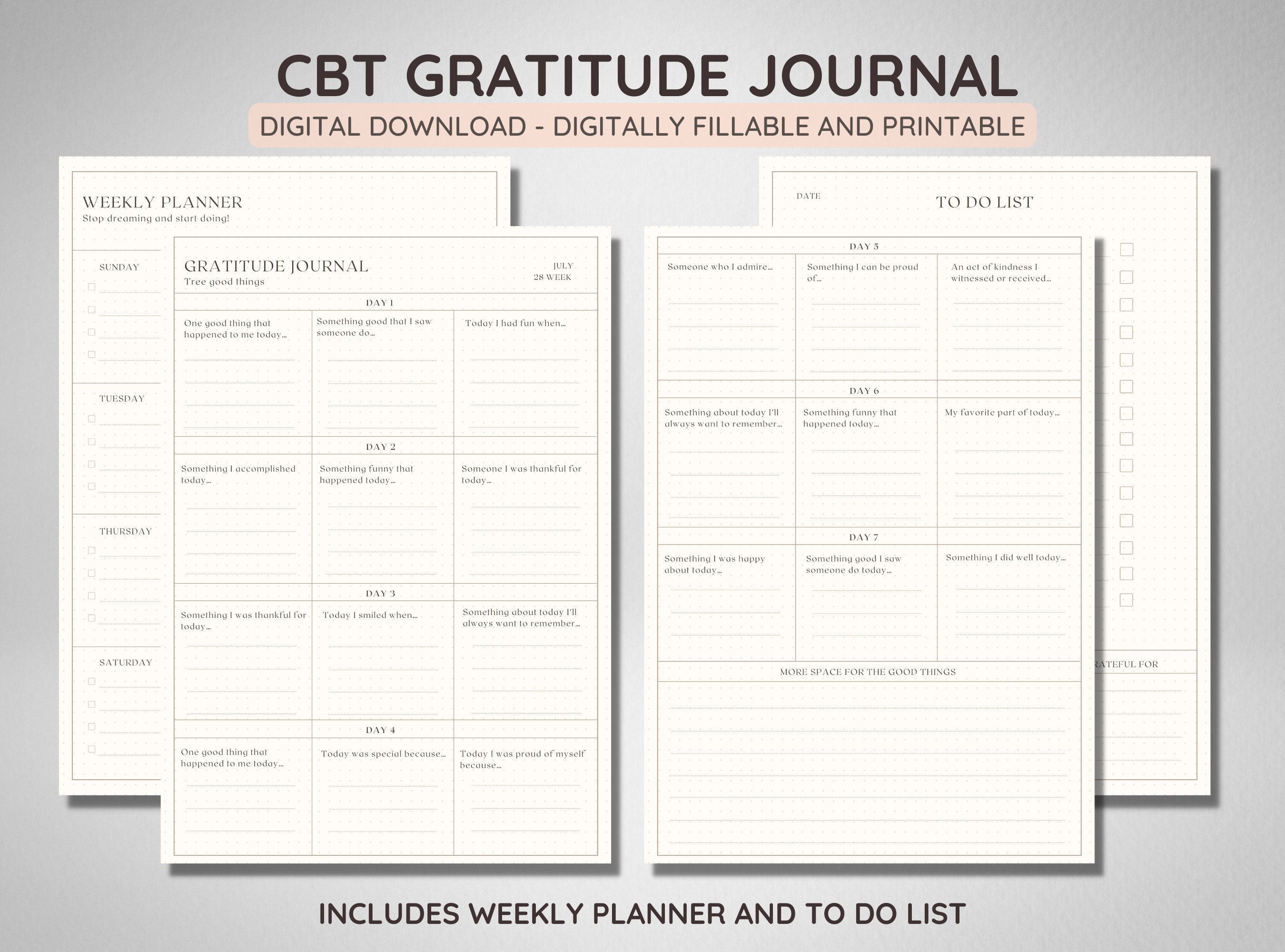CBT Gratitude Journal, CBT Worksheet, Daily Gratitude, Weekly Planner ...