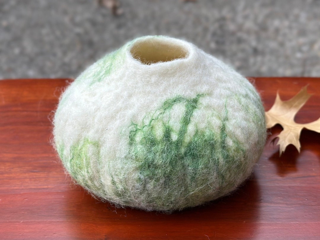 Natural White & Green Felted Wool Vessel Vase Mood Light - Etsy