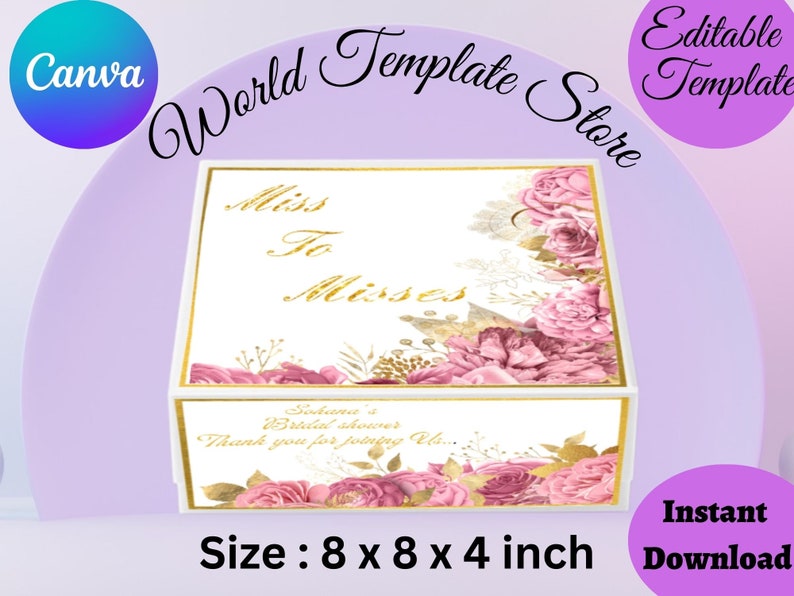 Bridal Shower 8X8X4 BOX LABELS TEMPLATES, Pink & Gold Labels Instant ...