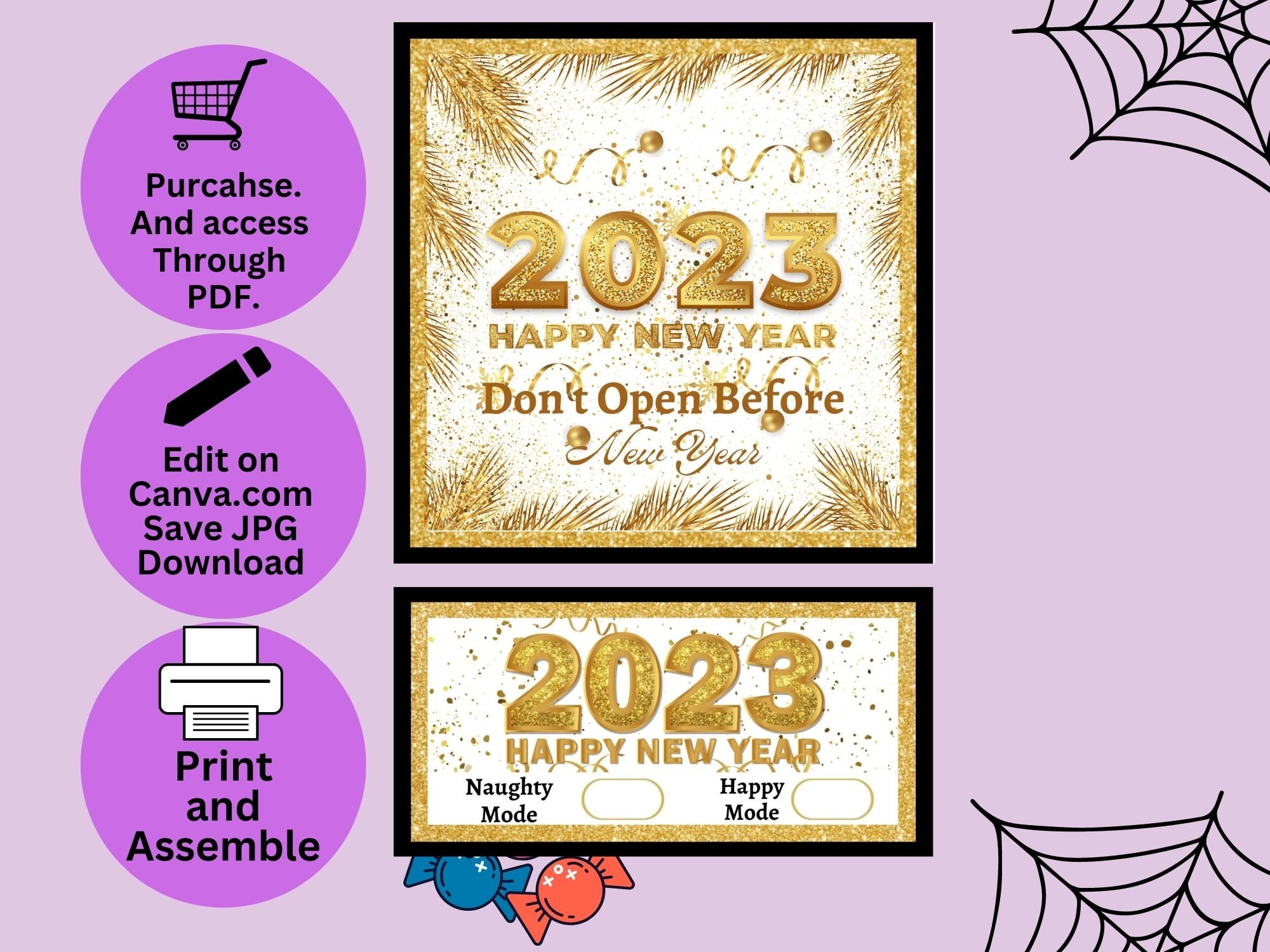 New Year 8X8X4 BOX LABELS TEMPLATES, New Year Labels Instant Download ...