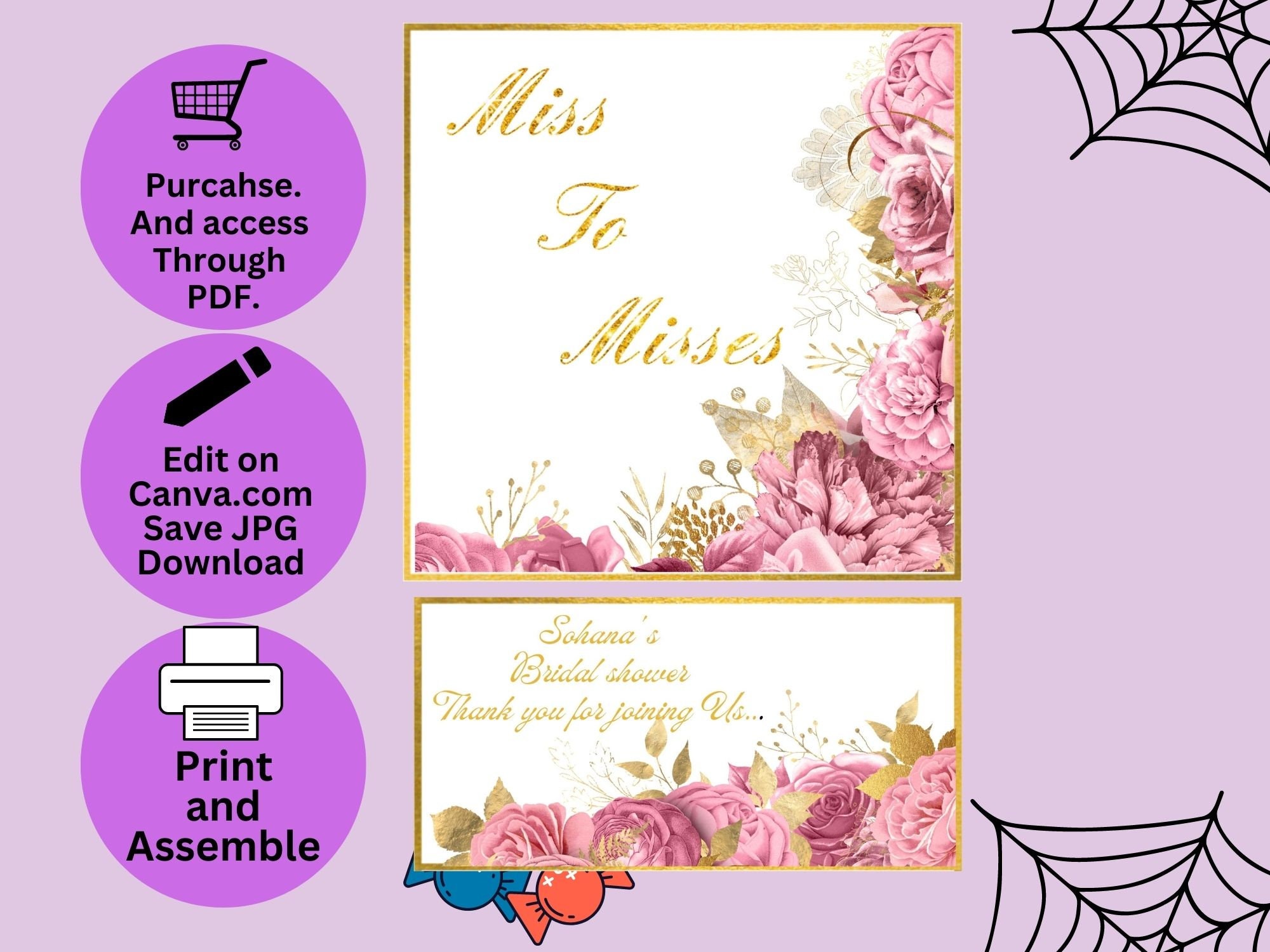 Bridal Shower 8X8X4 BOX LABELS TEMPLATES, Pink & Gold Labels Instant ...