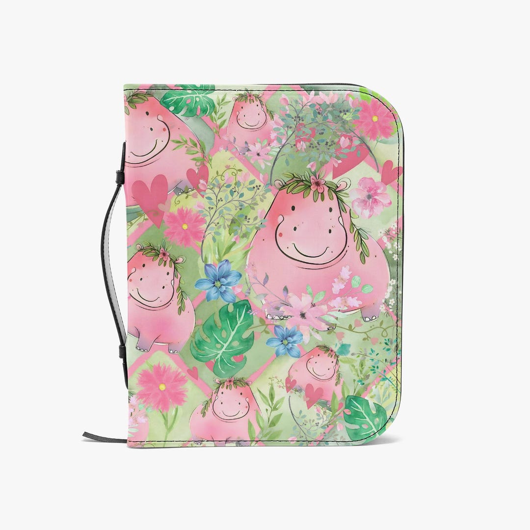 Preppy Pink and Green Pink Hippo and Floral Print Religious Book Cover ...