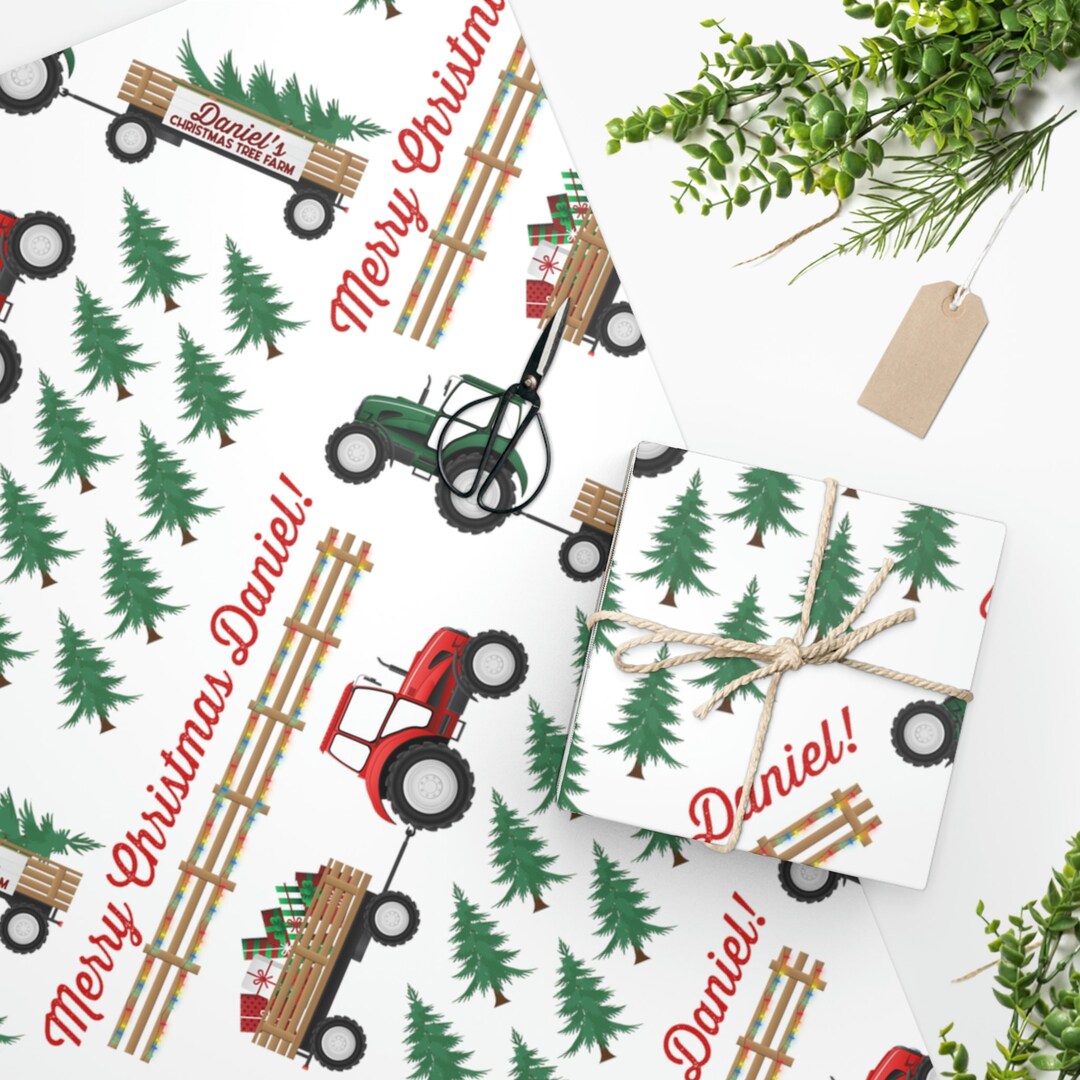 Custom Name Christmas Tree & Tractor Wrapping Paper - Etsy