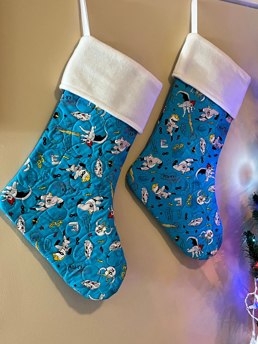 Set of Two Large Quilted Stockings in Blue Cartoon Print With - Etsy