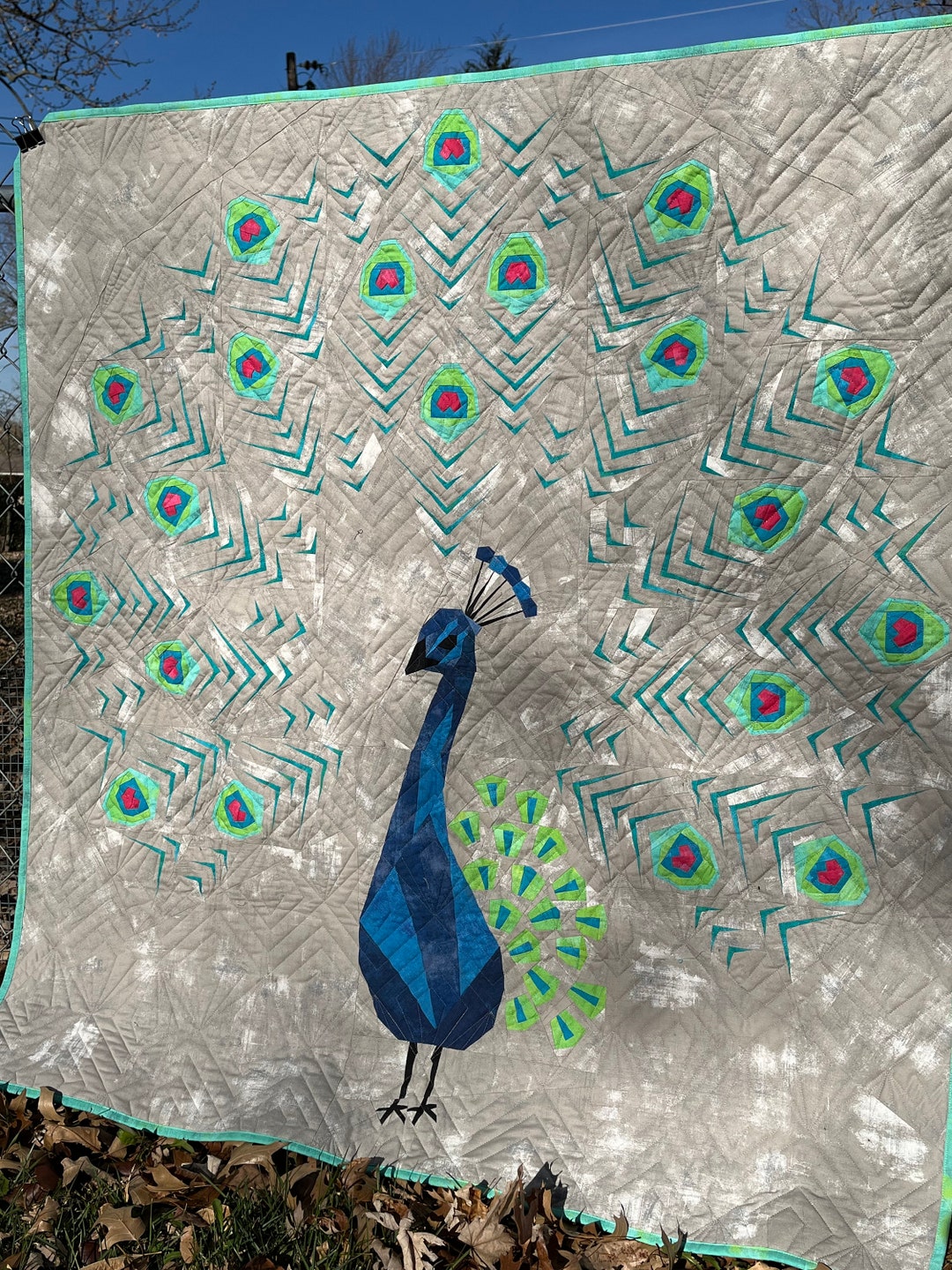 Peacock Quilt in Blues and Teal Grunge Fabrics, Quilted Wallhanging ...