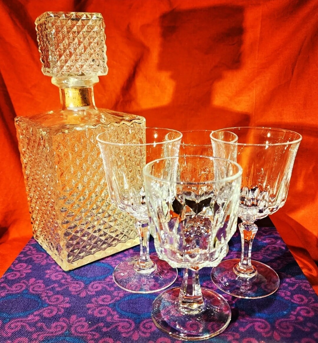 1960s Diamond Cut Decanter With Mix and Match Crystal Stemware Bar Set ...