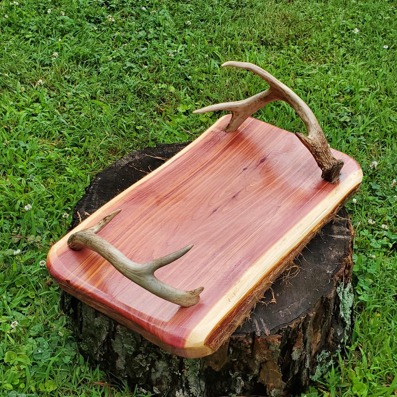 Hand-made Live-edge Cedar and Antler Serving Tray Platter Decorative ...
