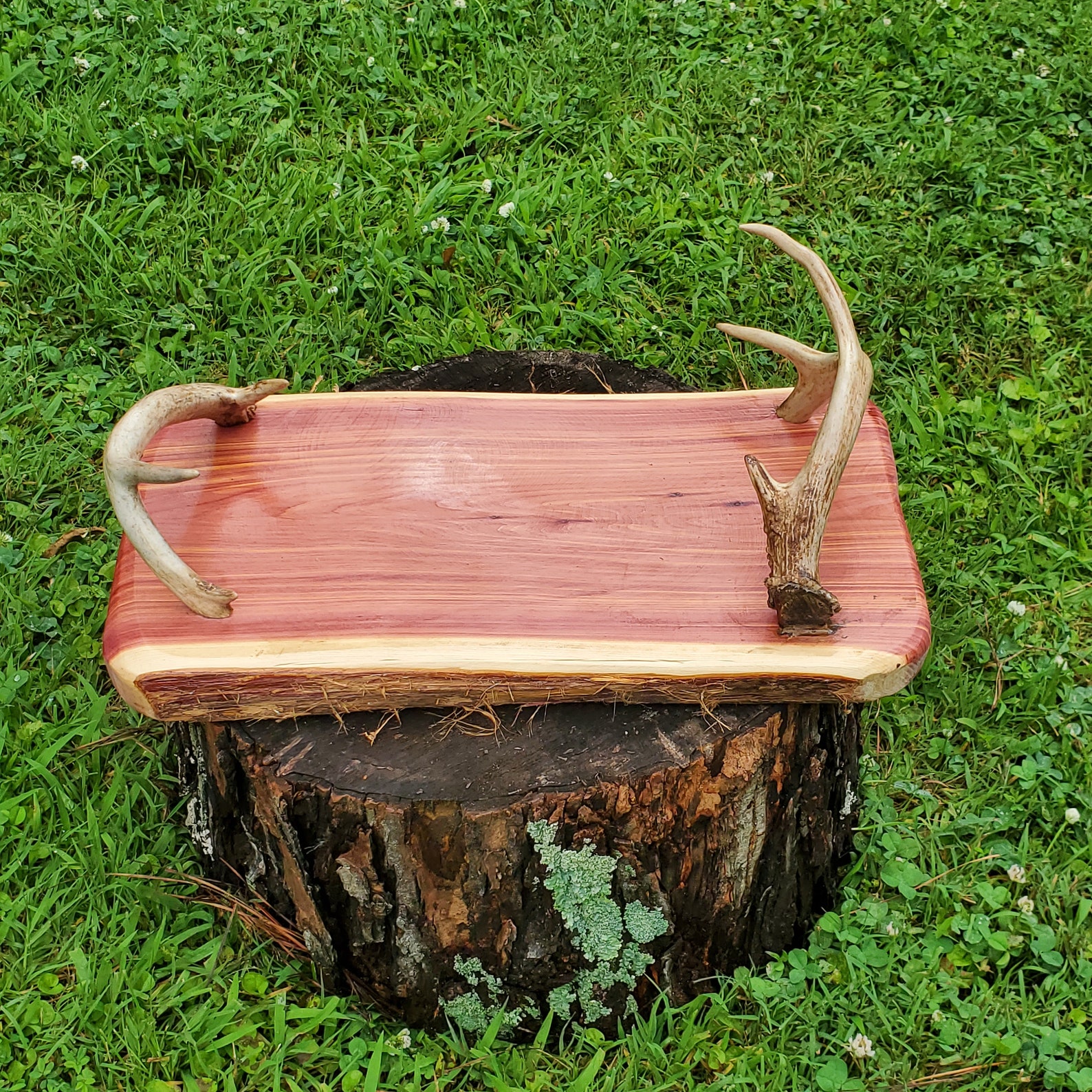 Hand-made Live-edge Cedar and Antler Serving Tray Platter Decorative ...