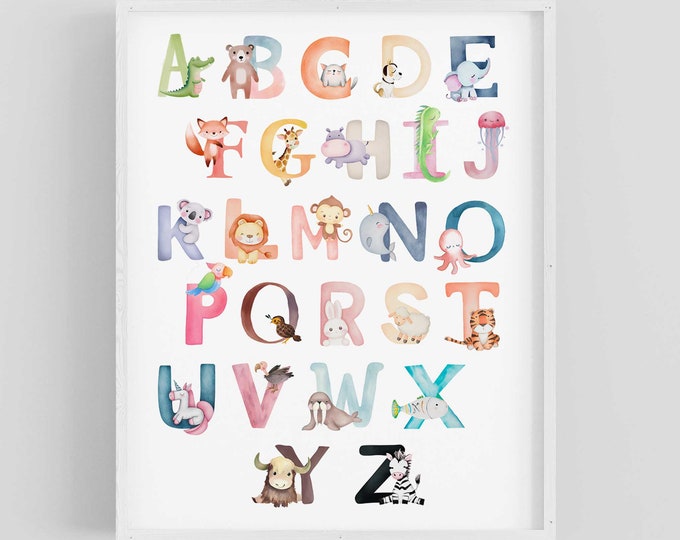 Animal Alphabet Print, Watercolor Safari Animals, Nursery Wall Art - Etsy