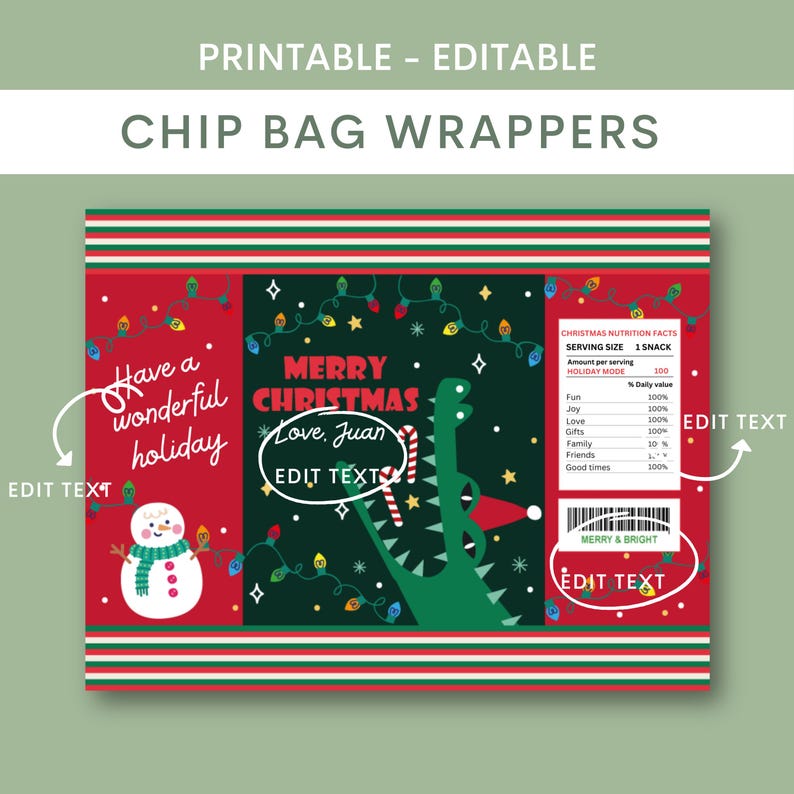 Editable Christmas Chip Bag Wrappers Christmas Party Favor for Kids ...