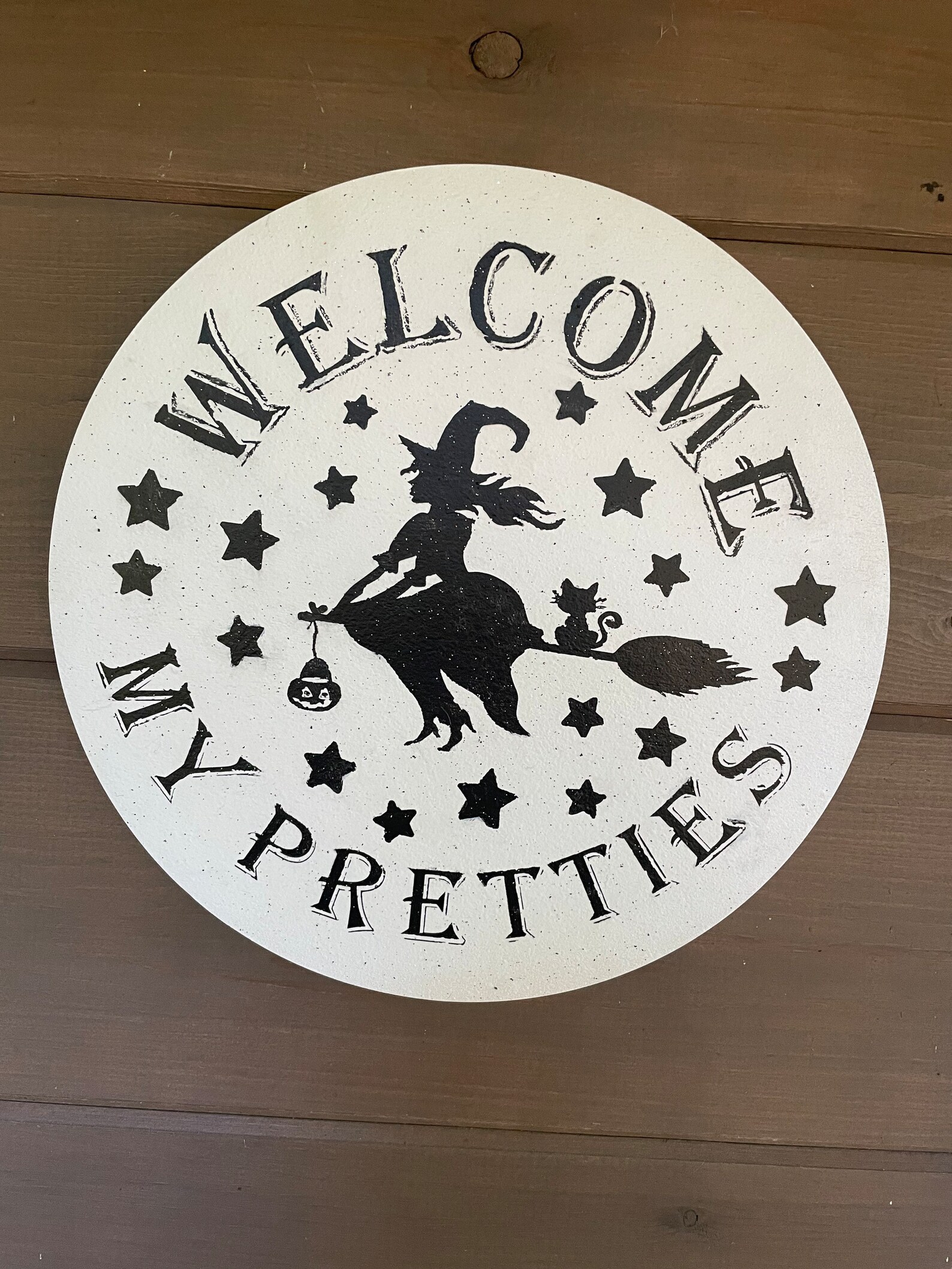Hello My Pretties Witch Painted Round Sign, Halloween Front Door Hanger ...