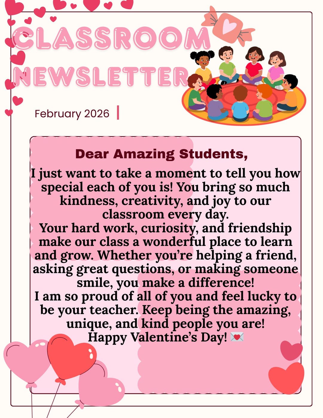 Printable Valentine Letters for Students | Classroom Appreciation ...