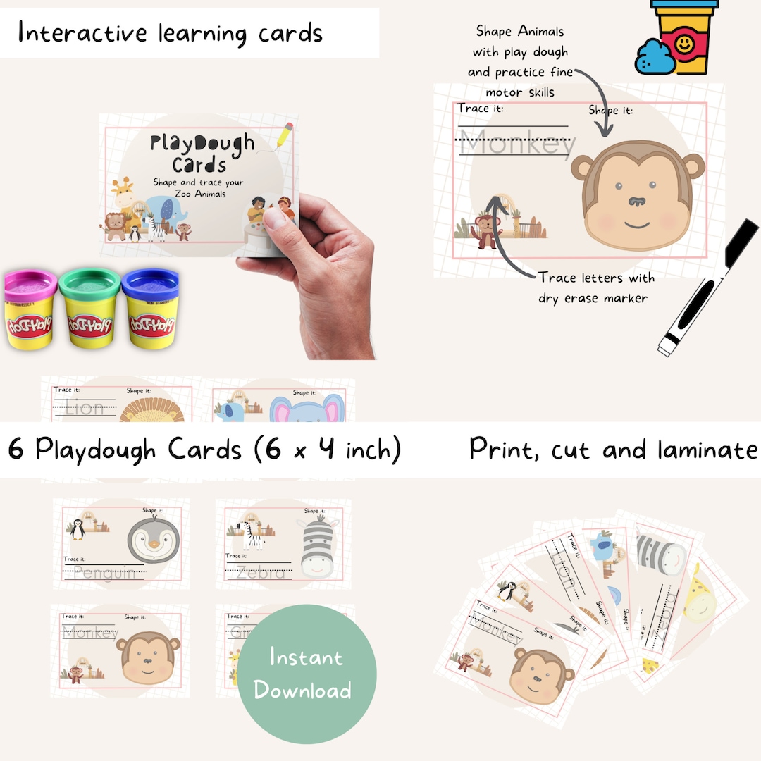 Zoo Animal Writing Cards, Play Dough Activity Mat, Printable Zoo Animal ...