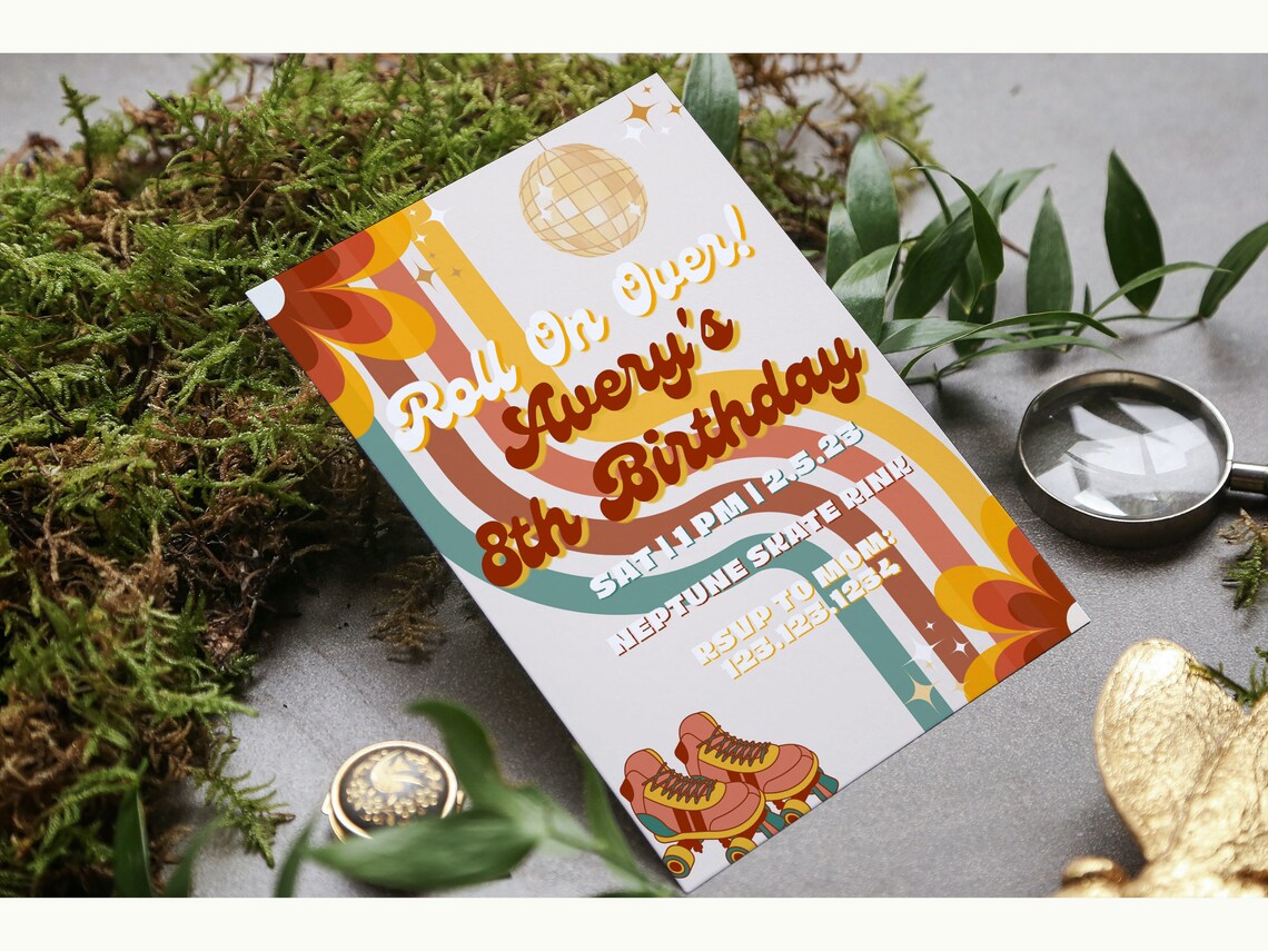 Editable Retro Roller Skates Birthday Invitation Disco Party Invite ...