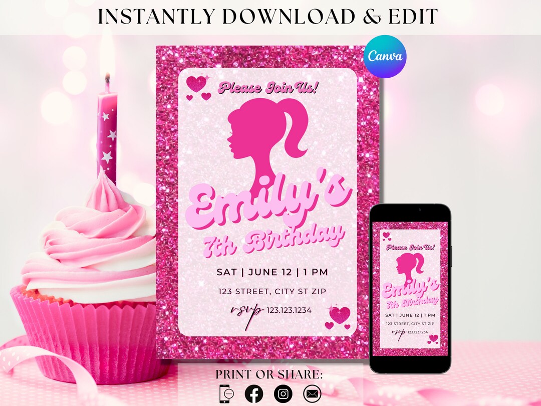 Hot Pink Doll Birthday Invite Doll Invitation Girly Pink Birthday ...