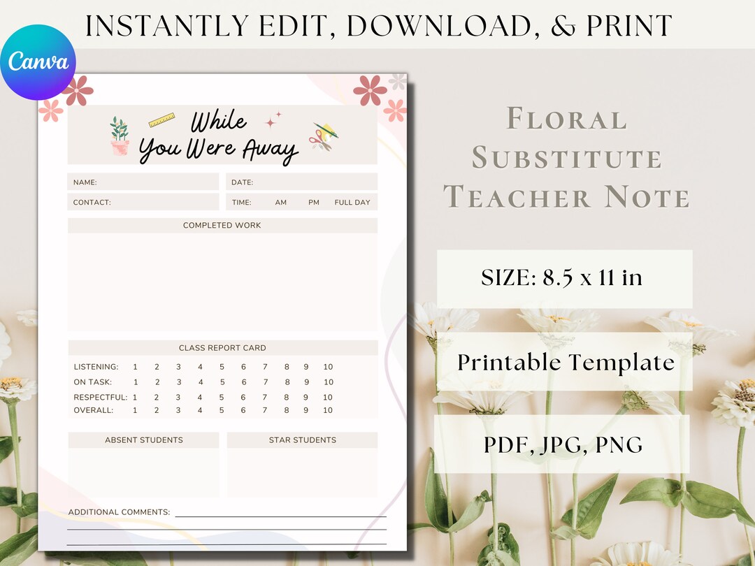 Editable Substitute Teacher Note Template Substitute Teacher - Etsy