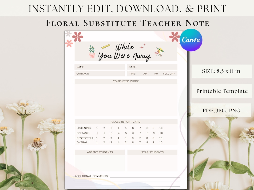 Editable Substitute Teacher Note Template Substitute Teacher Report ...