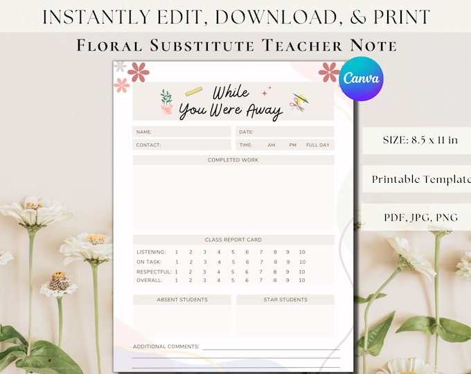 Substitute Note, Classroom Notes, Personalized Teacher Note, Editable ...