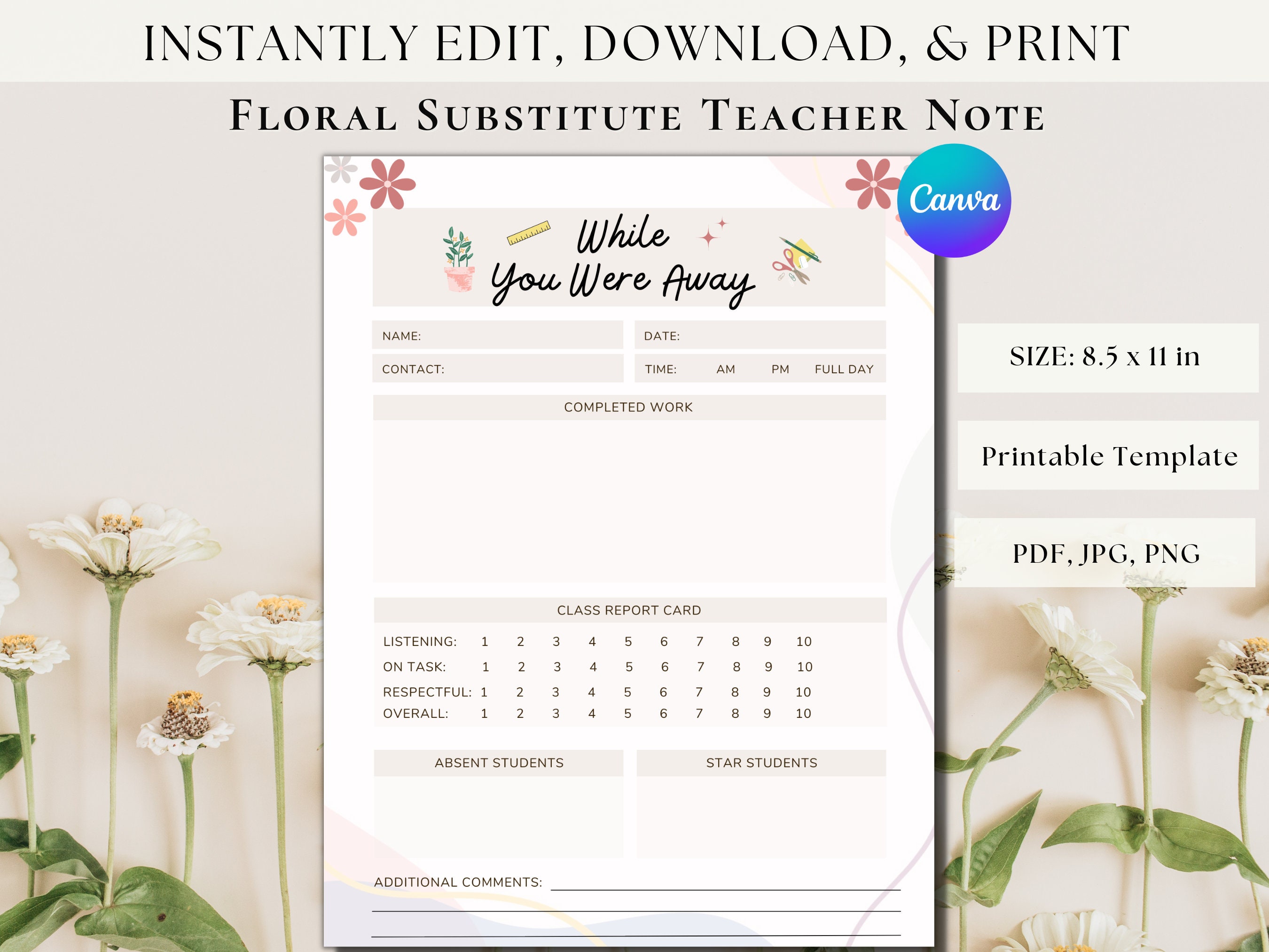 Editable Substitute Teacher Note Template Substitute Teacher Report ...