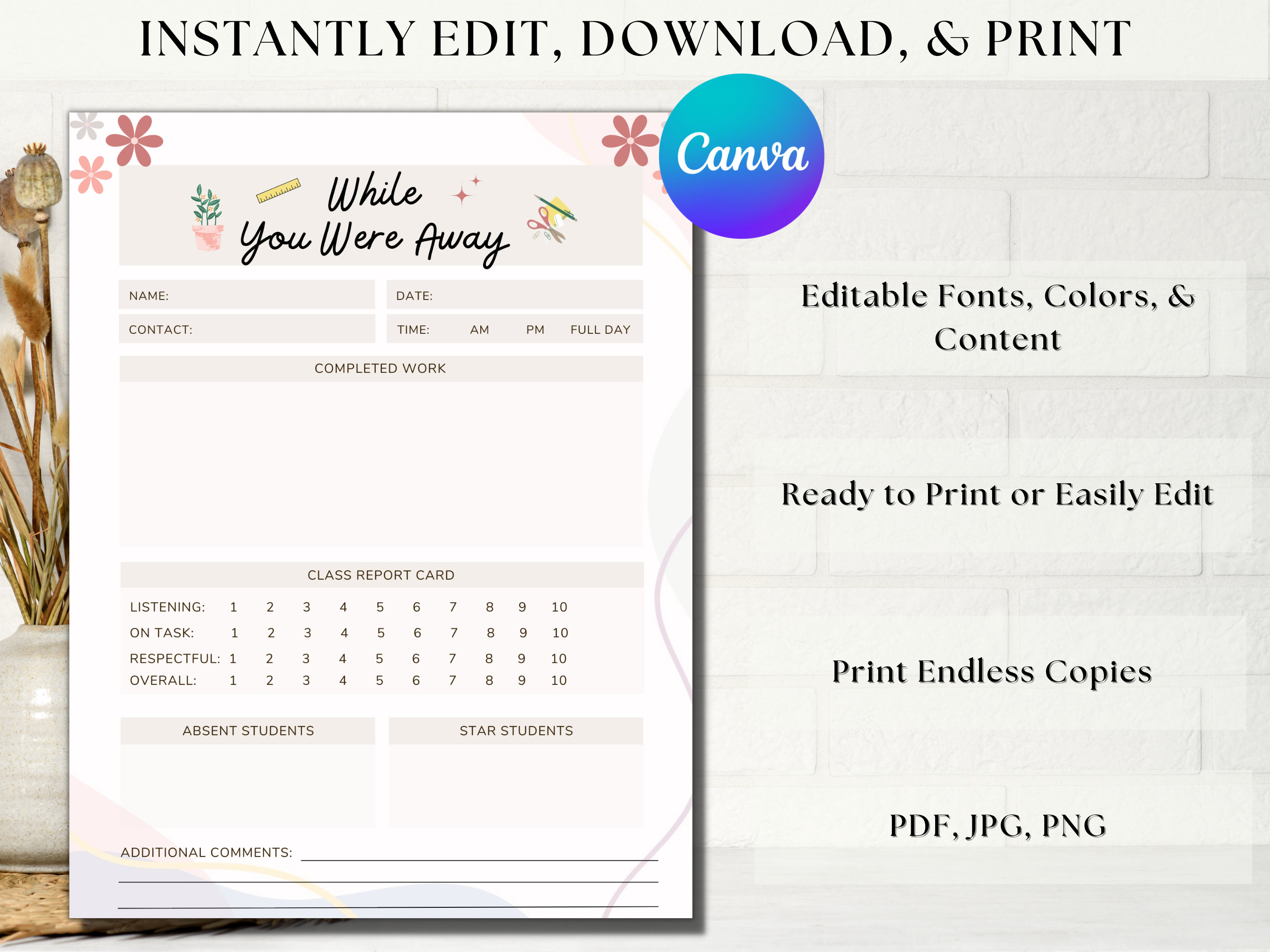 Editable Substitute Teacher Note Template Substitute Teacher Report ...