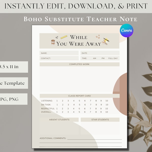 Editable Substitute Teacher Note Printable While You Were Away Template ...