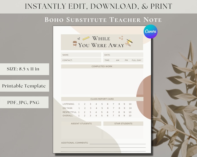 Substitute Note, Classroom Notes, Personalized Teacher Note, Editable ...