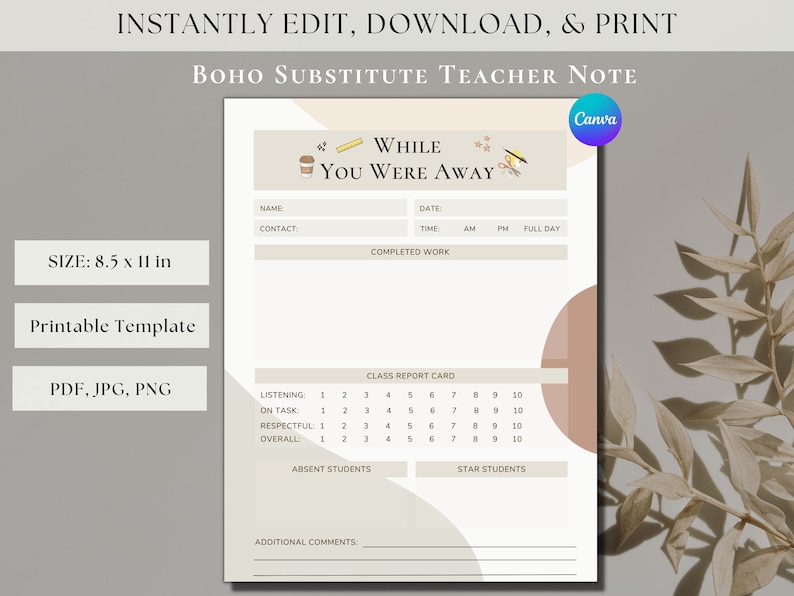 Editable Substitute Teacher Note Printable While You Were Away Template ...